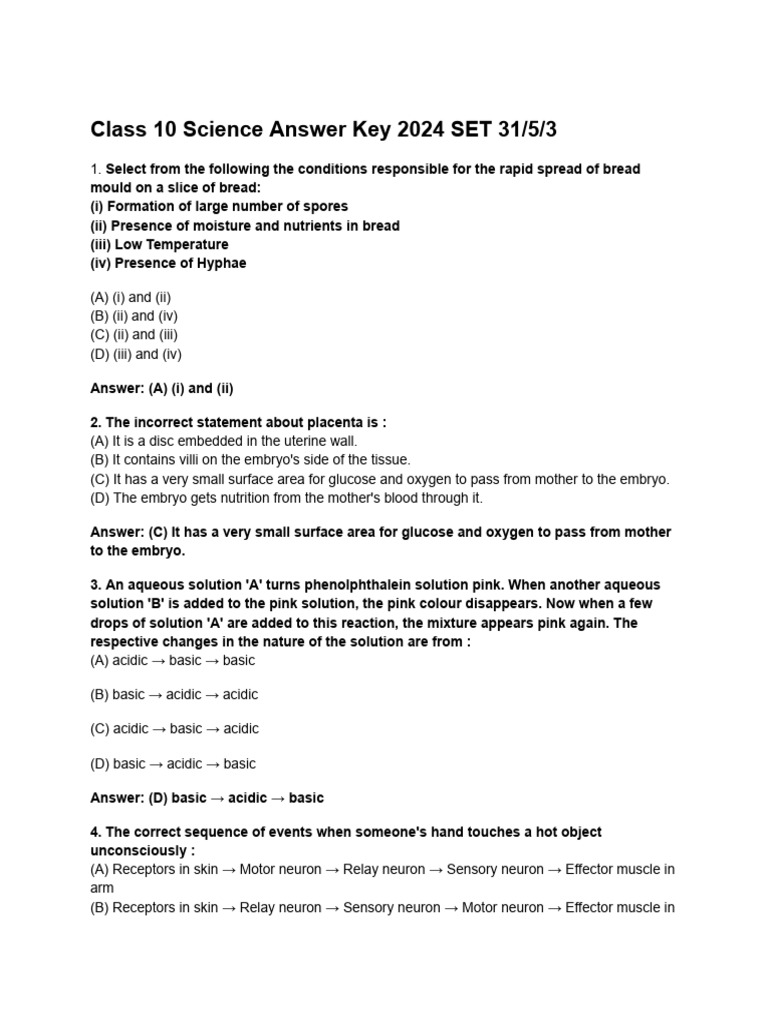 Class 10 Science Answer Key 2024 Set 3 | PDF | Chemical Reactions ...