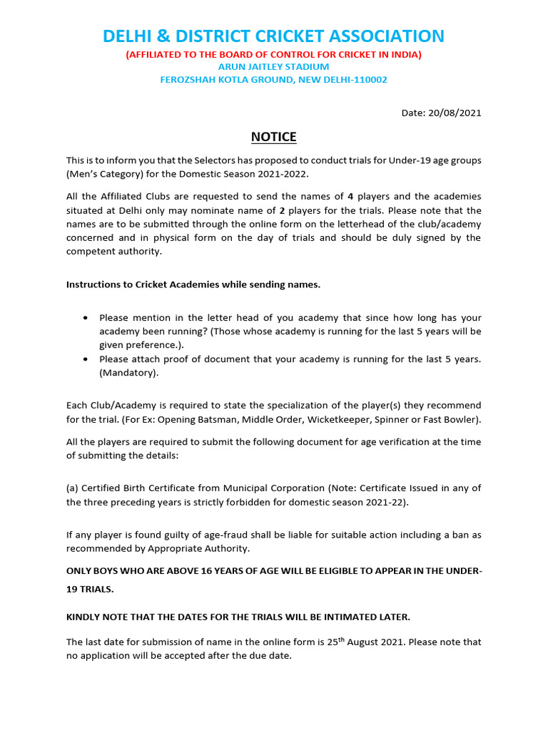 DDCA Under-19 Cricket Trials Notice | PDF | Government | Ball And Bat Games