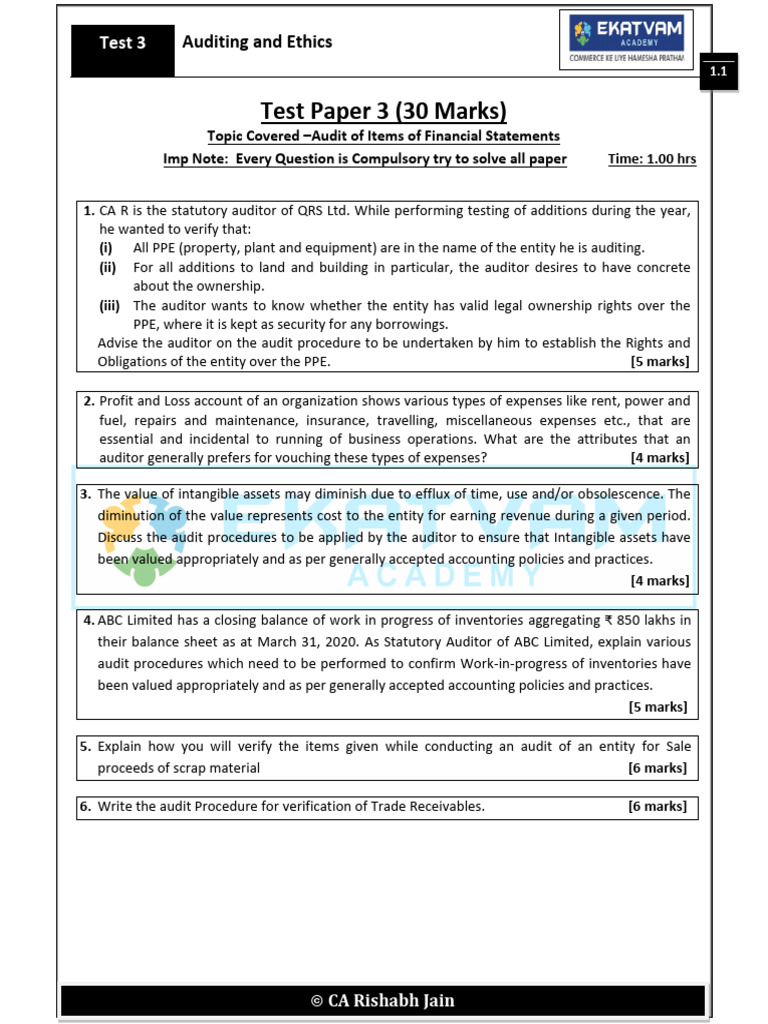 Inter Audit Test Paper 3 | PDF | Audit | Expense