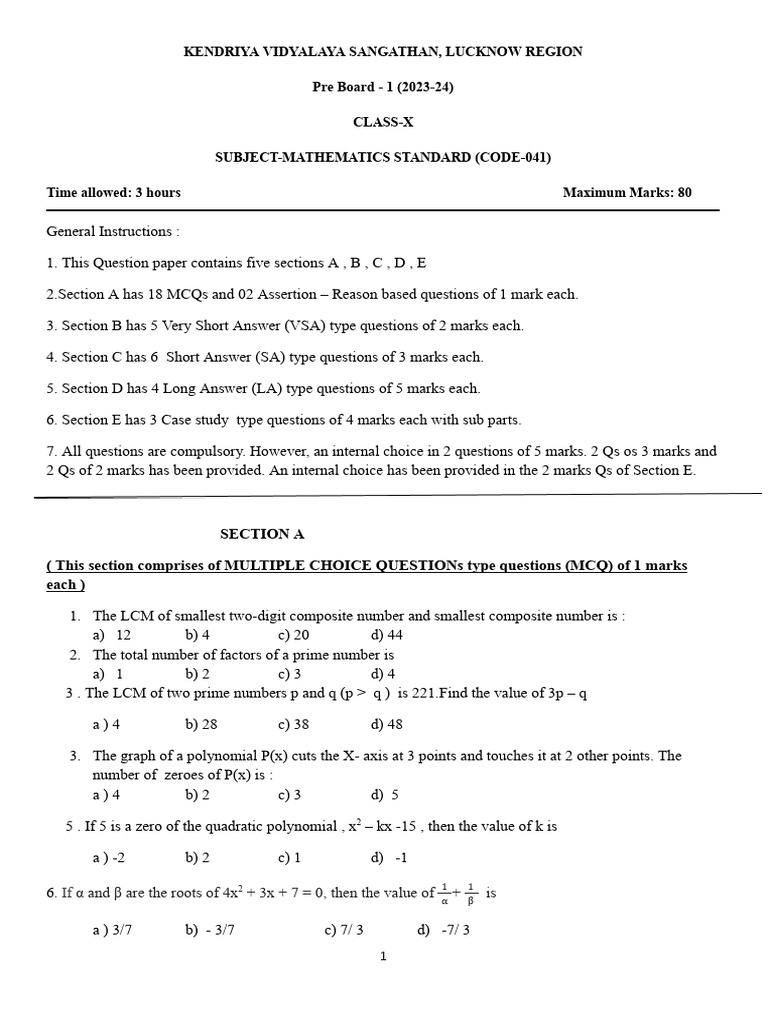 KVS Lucknow X MATH STD (041) QP & MS (1st PB) (23-24) | PDF | Circle | Area