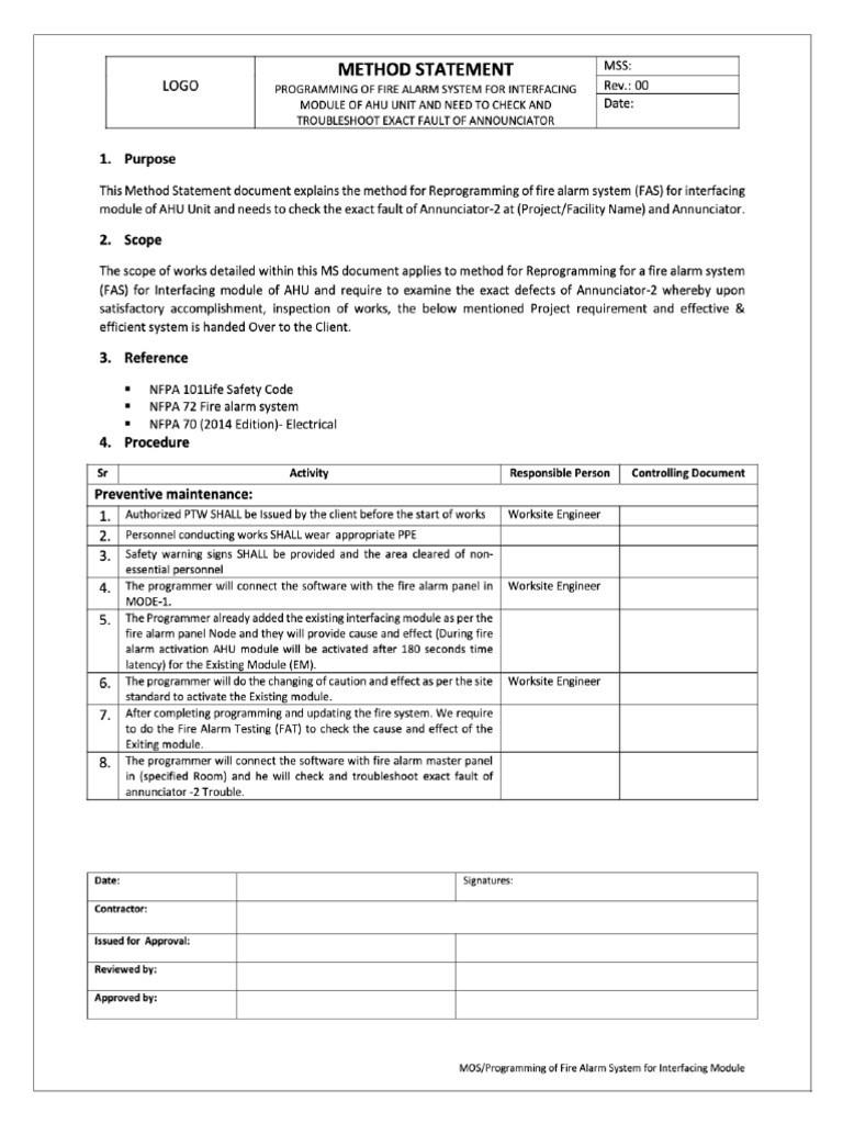 Method Statement For Programming Of Fire Alarm System For Interfacing