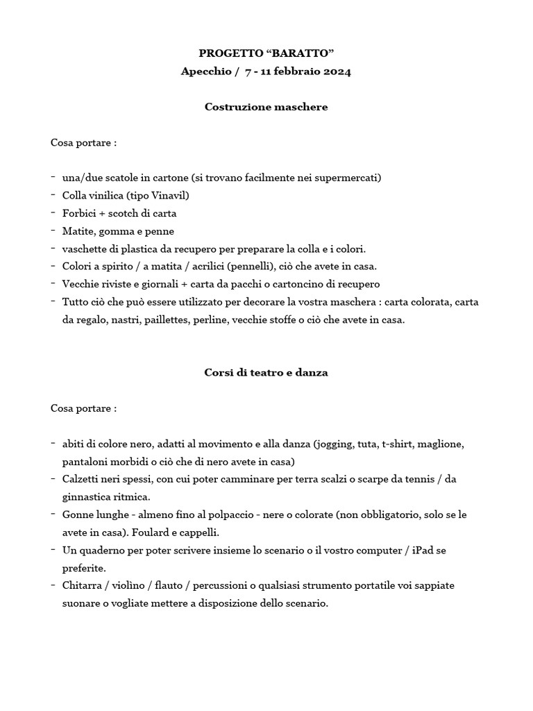 Progetto Baratto - Lista Materiale | PDF