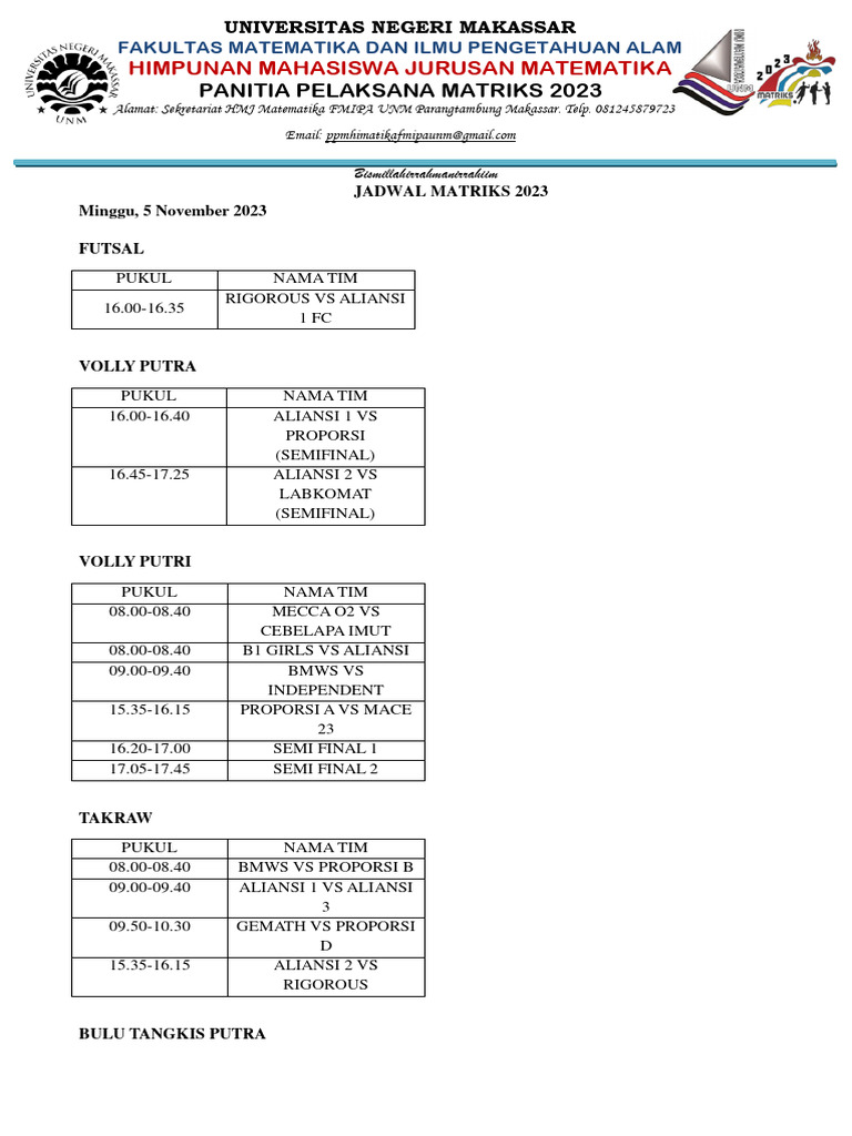 Jadwal Kegiatan Matriks 2023 Pekan Ketiga 5 November | PDF