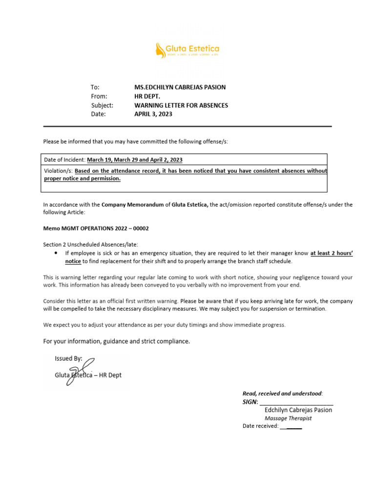 Edchilyn Pasion Memo For Absences | PDF