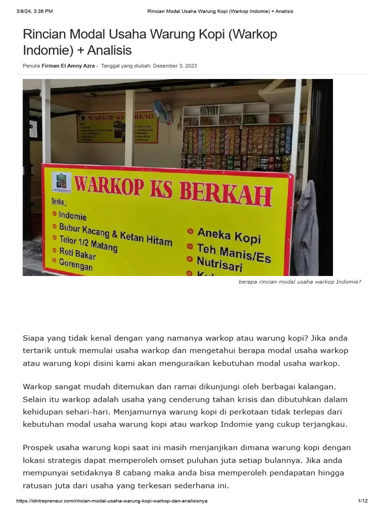 Rincian Modal Usaha Warung Kopi (Warkop Indomie) + Analisis | PDF