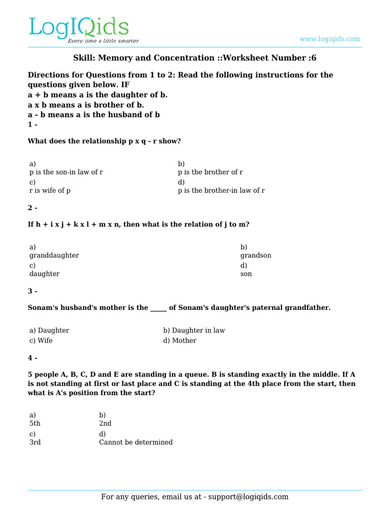 Skill: Memory and Concentration::Worksheet Number:6 | PDF