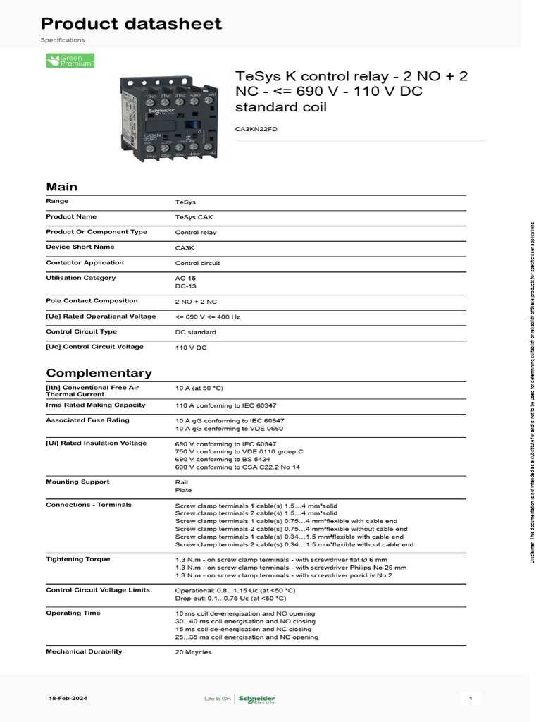 Schneider Electric TeSys K D SK Control Relays CA3KN22FD | PDF