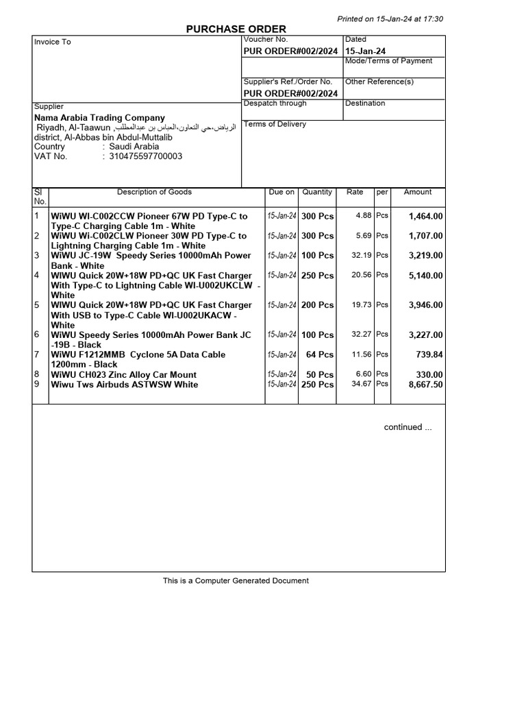 Purchase Order Wiwu 12 | PDF