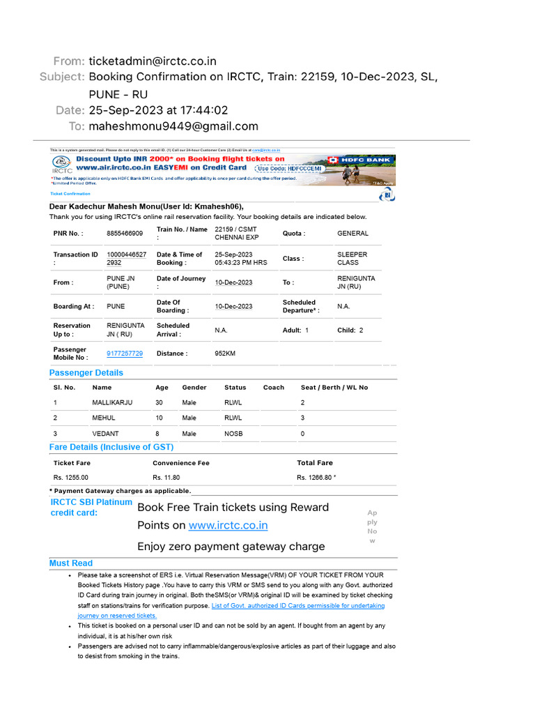 Booking Confirmation On IRCTC, Train: 22159, 10-Dec-2023, SL, PUNE - RU ...