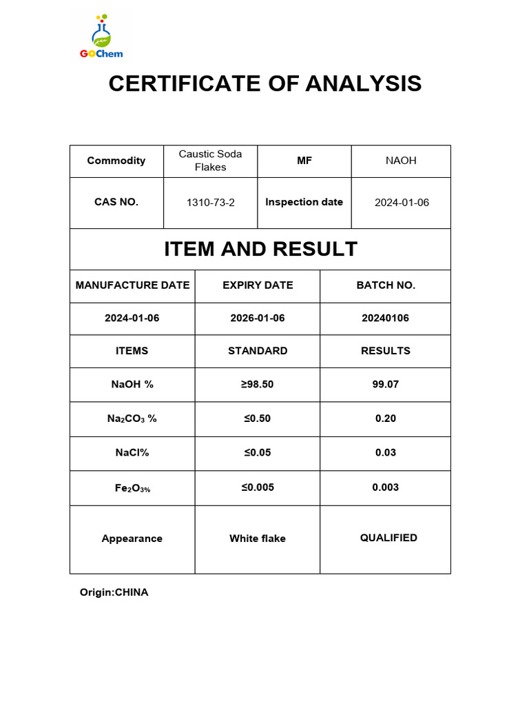 COA Caustic Soda Flake 081230982128 | PDF | Technology & Engineering