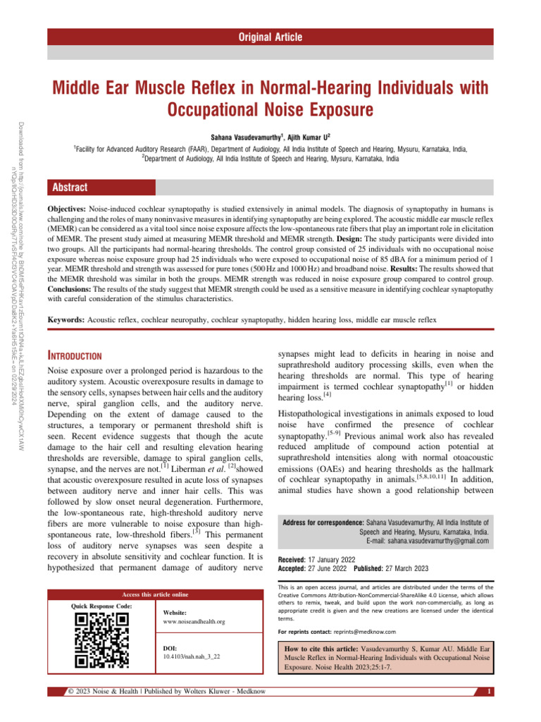 Middle Ear Muscle Reflex in Normal-Hearing Individuals With | Download ...