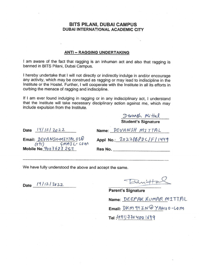 Anti-Ragging Undertaking | PDF