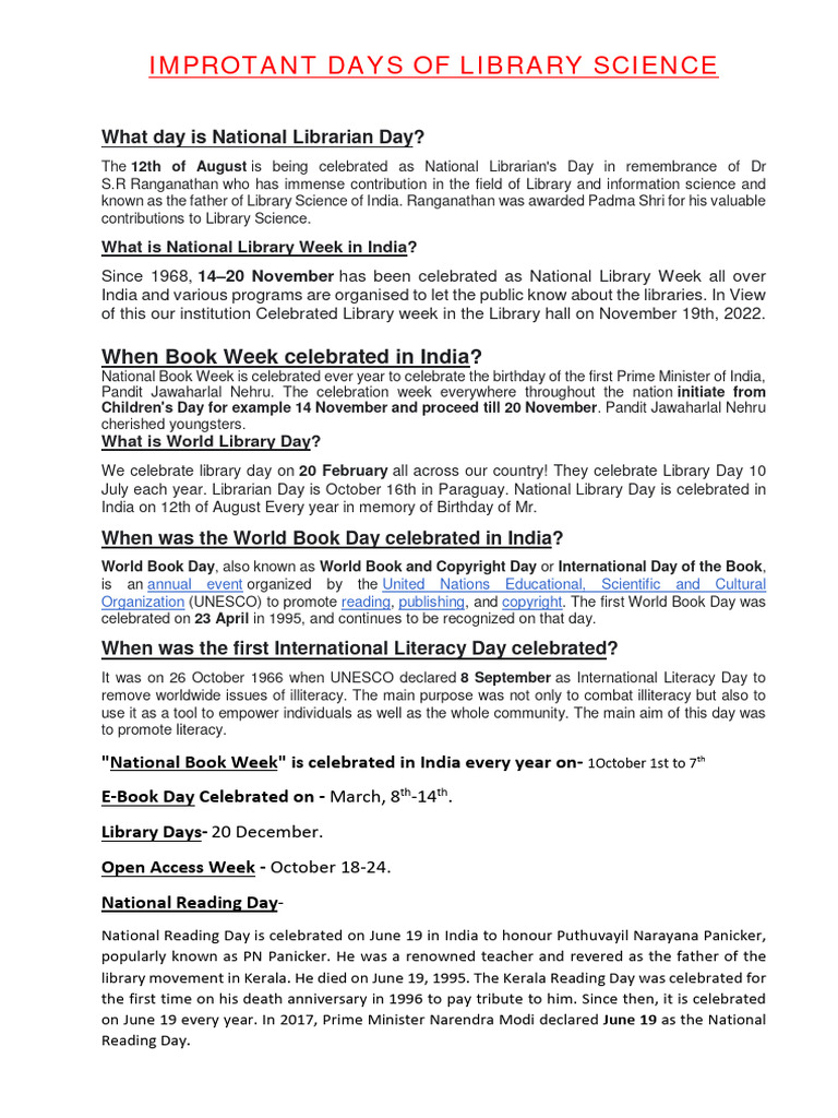 Important Days of Library Science | PDF | Libraries | Literacy