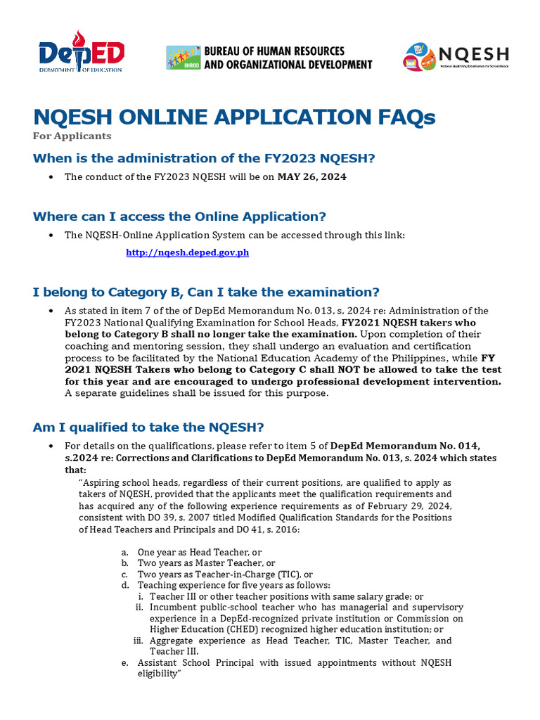 NQESH 2023 FAQs BHROD | PDF