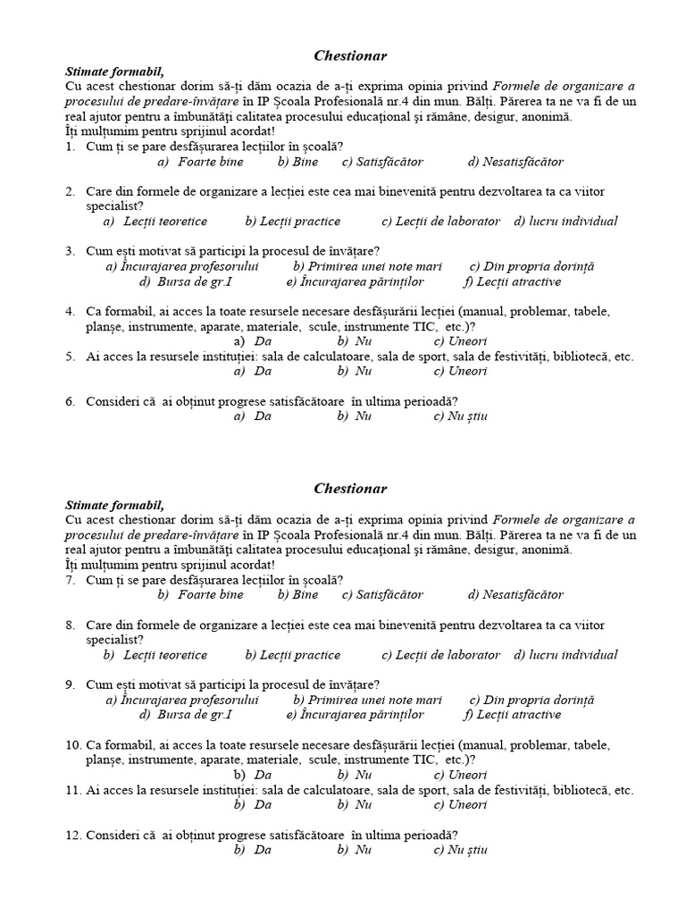 Forme de organizare-CHESTIONAR | PDF