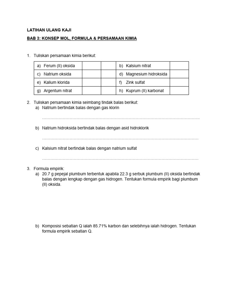 latihan kimia f4 bab 3 | PDF
