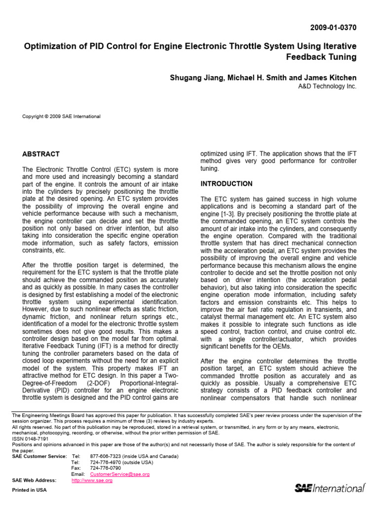 Optimization Of Pid Control For Engine Electronic Throttle System Using Iterative Feedback