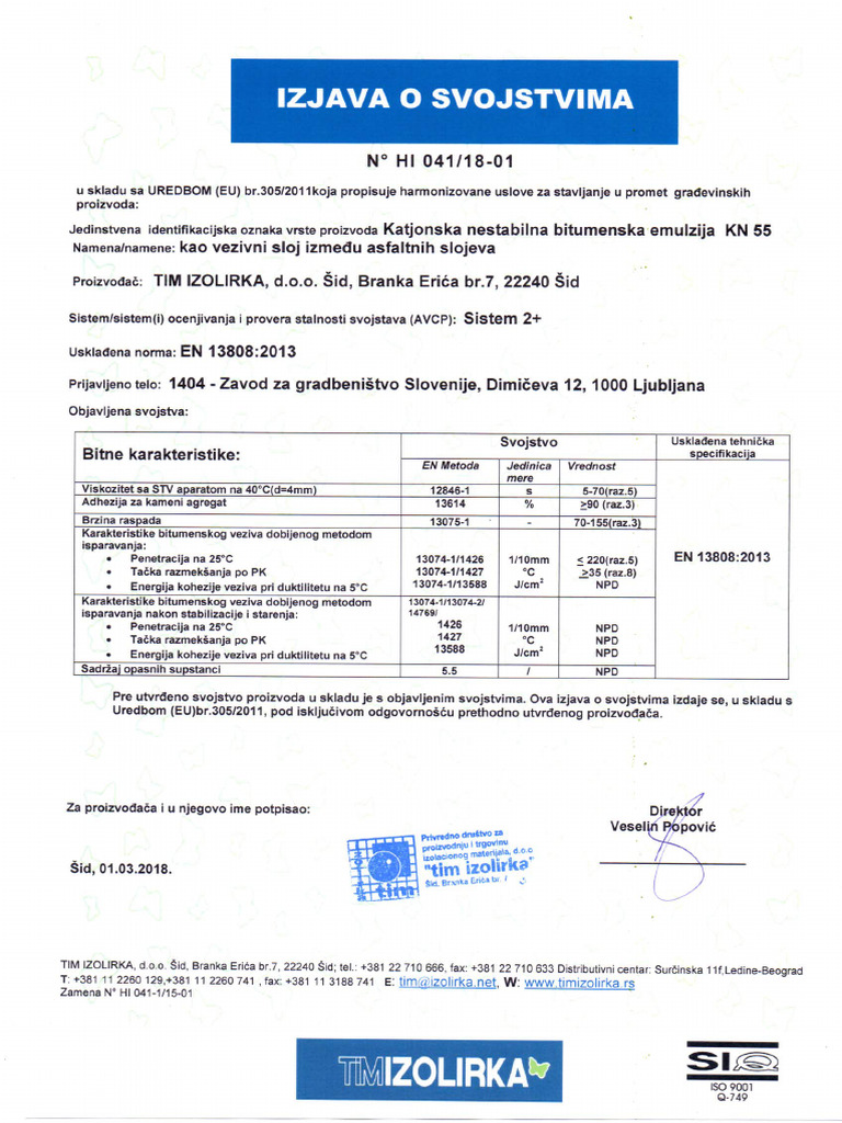 KN 55 - Izjava o Svojstvima | PDF