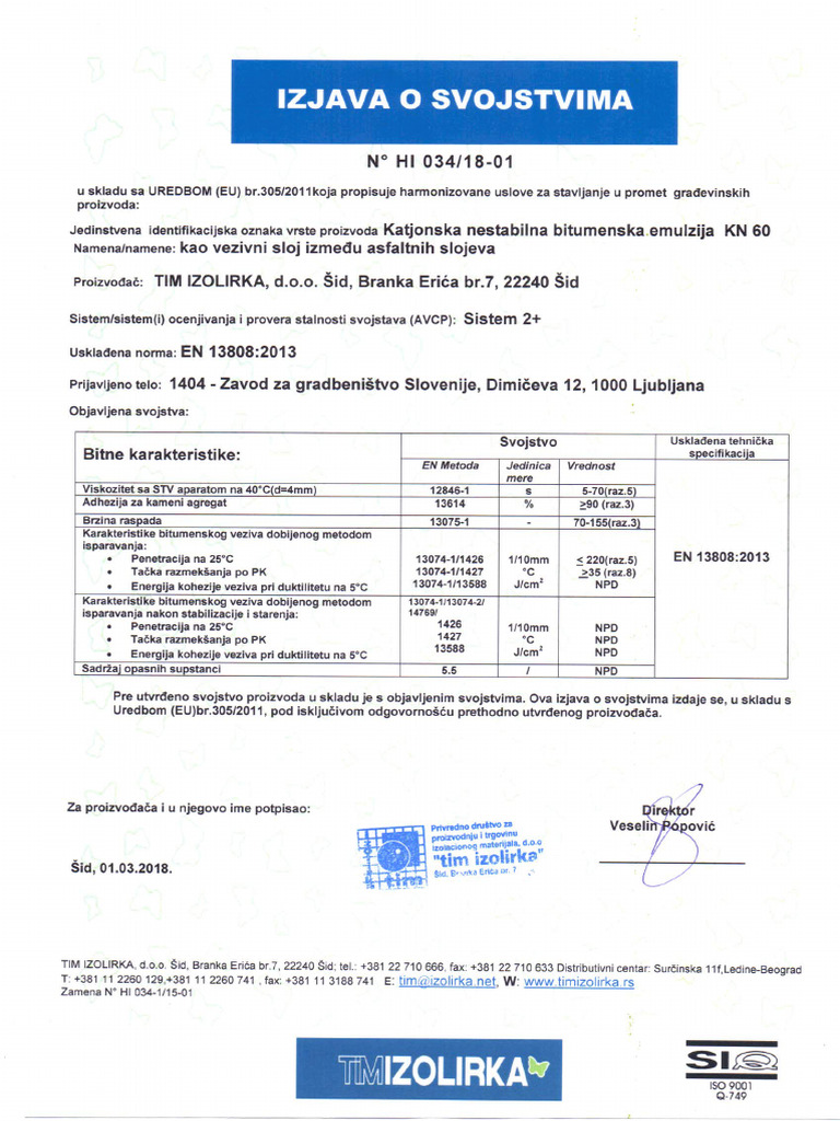 KN 60 - Izjava o Svojstvima | PDF