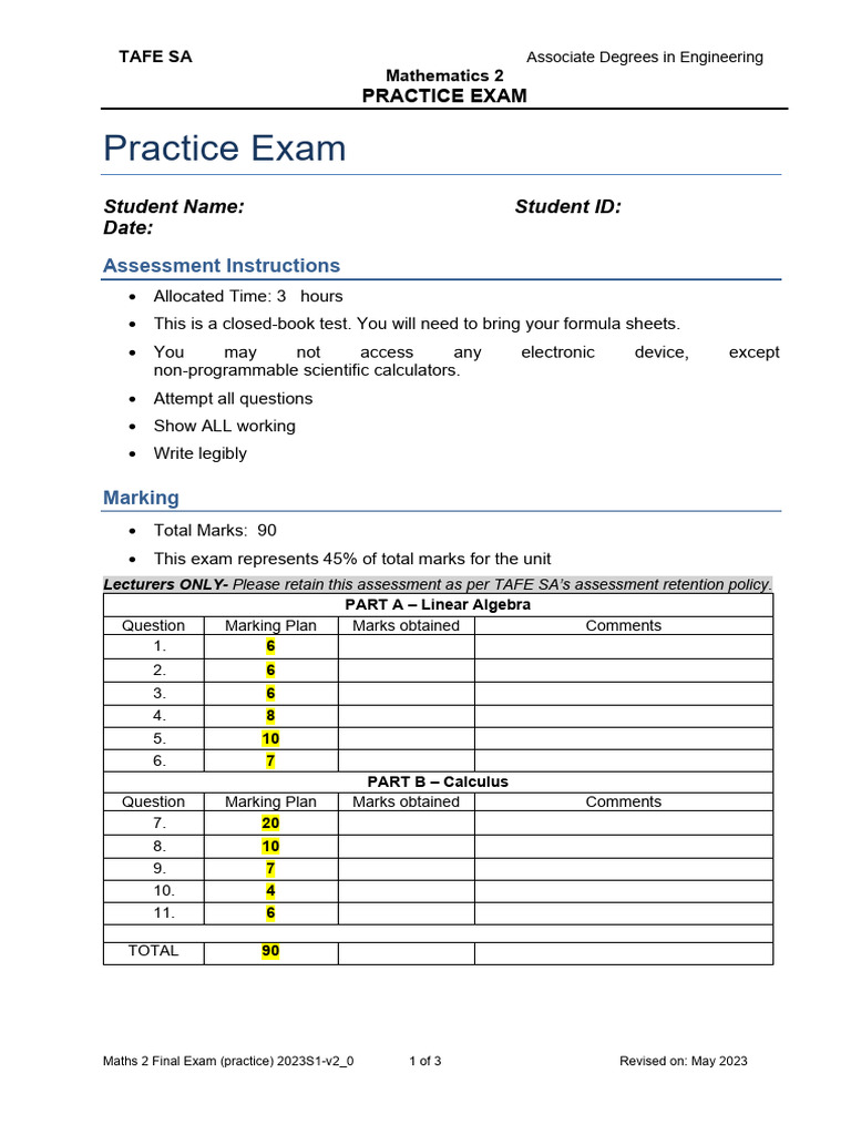 Maths 2 Final Exam (Practice) 2023S1-V2 - 0 | PDF | Mathematics | Triangle