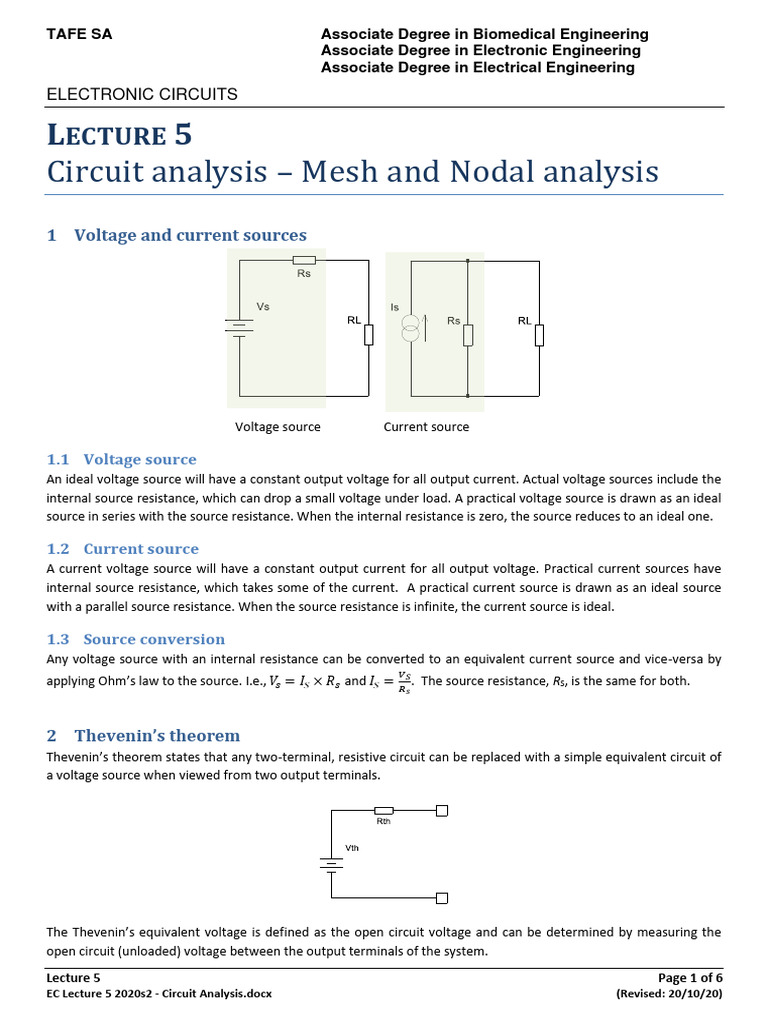 EC Lecture 5 2020s2 - Circuit Analysis | PDF | Electrical Network | Voltage