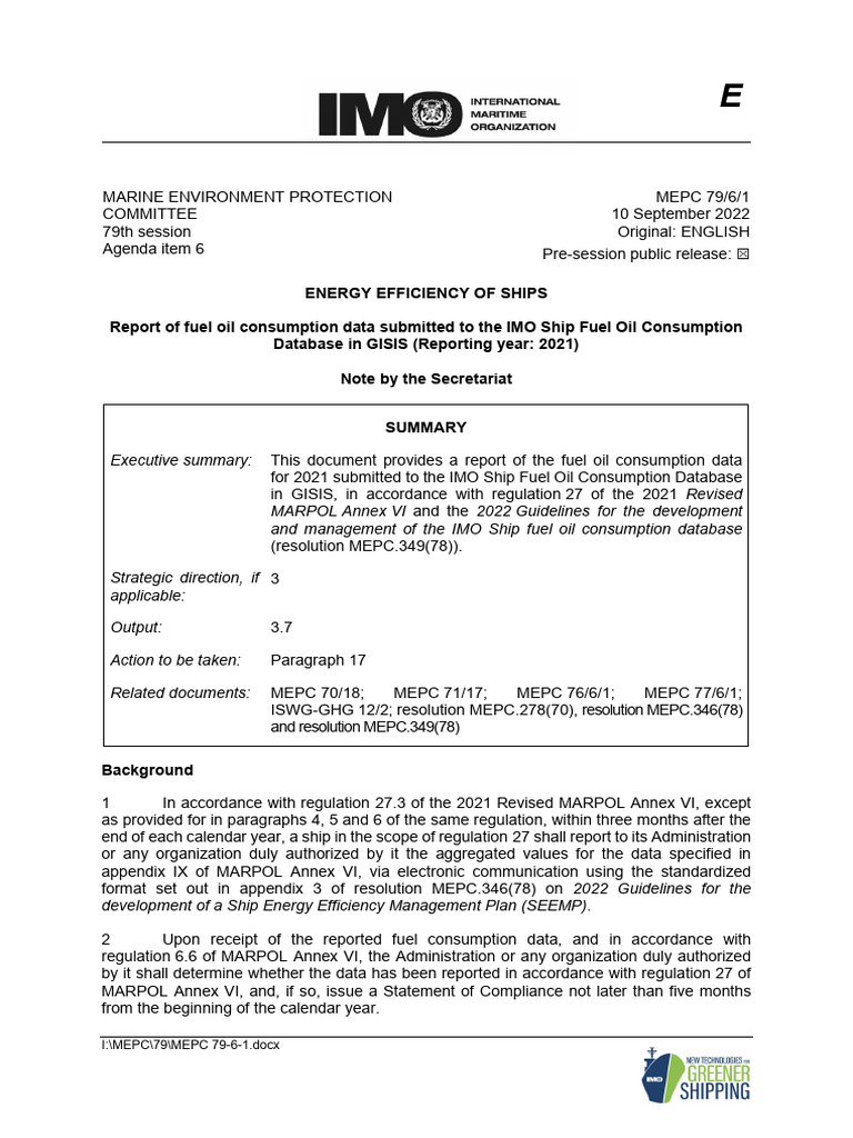 MEPC 79-6-1 - Report of Fuel Oil Consumption Data Submitted To The IMO Ship Fuel Oil ...