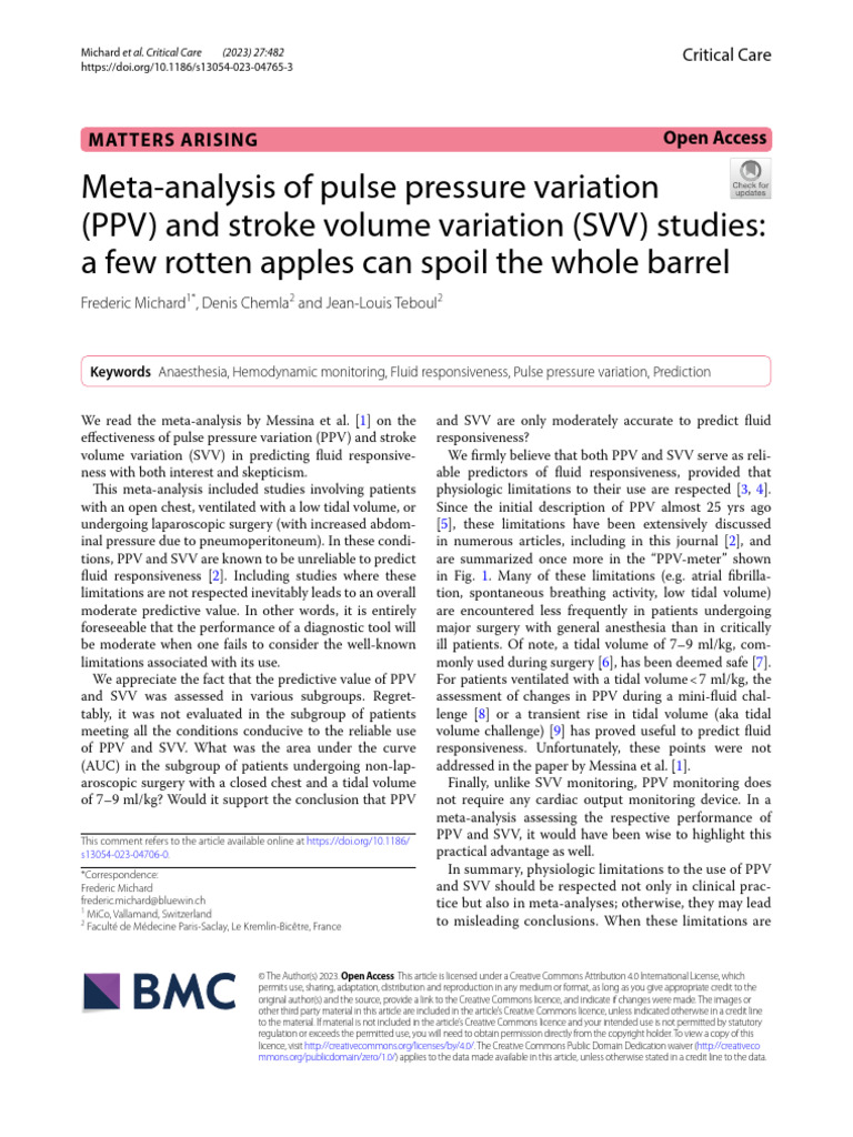 Meta-Analysis of Pulse Pressure Variation PPV and | PDF | Surgery ...