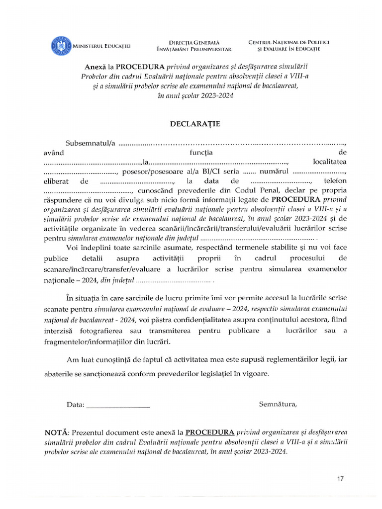 Declaratie Anexa Procedura SIM BAC 2024 | PDF