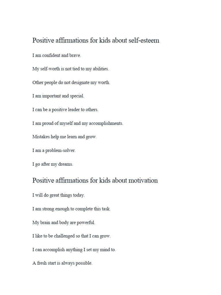 Positive Affirmations for Kids' Self-Esteem | PDF | Self Esteem ...