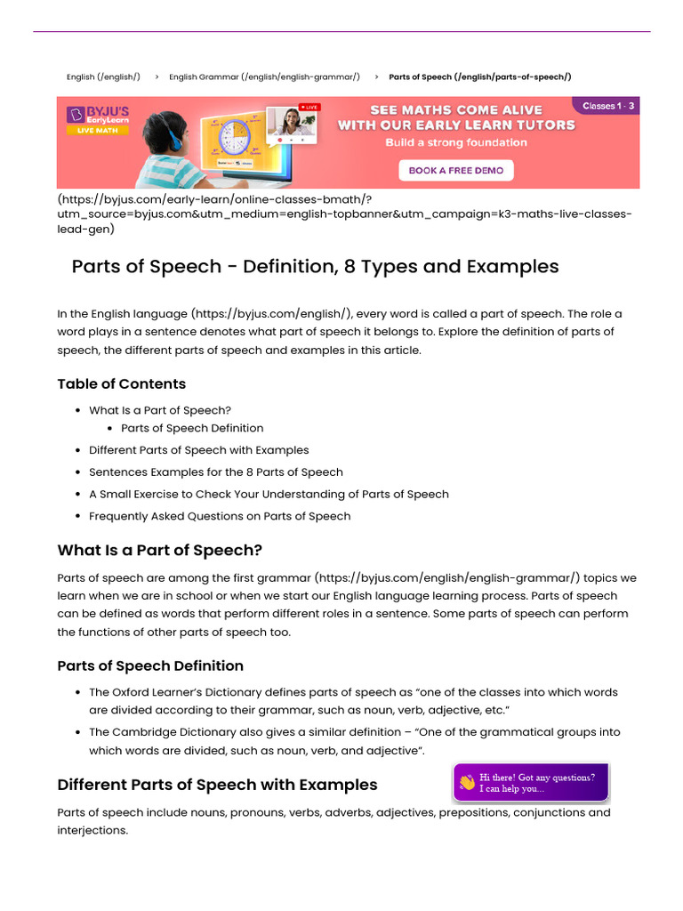 Parts of Speech - Definition, 8 Types and Examples | PDF