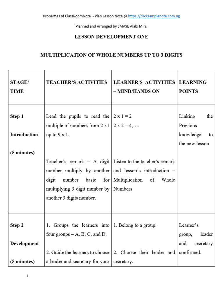 Multiplication of Whole Numbers Up To 3 Digits. 1 | PDF
