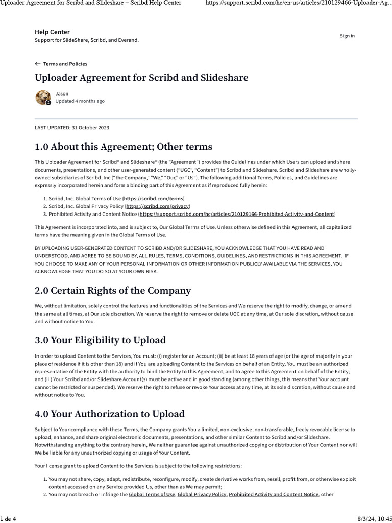 Uploader Agreement For Scribd and Slideshare - Scribd Help Center | PDF | License | Scribd
