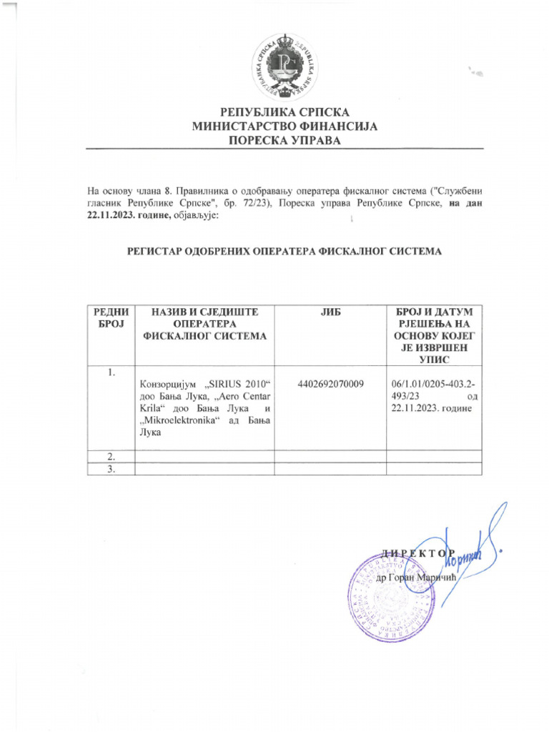 Registar Odobrenih Operatera Fiskalnog Sistema1 | PDF