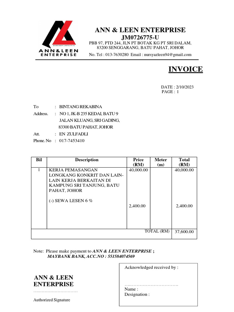 Al - Invoice Bintang Rekabina KG Sri Tanjung | PDF