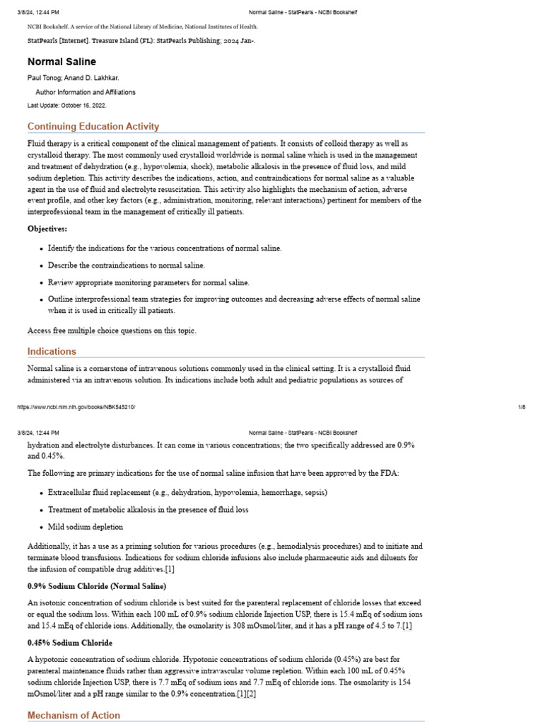 Normal Saline - StatPearls - NCBI Bookshelf | PDF | Saline (Medicine ...