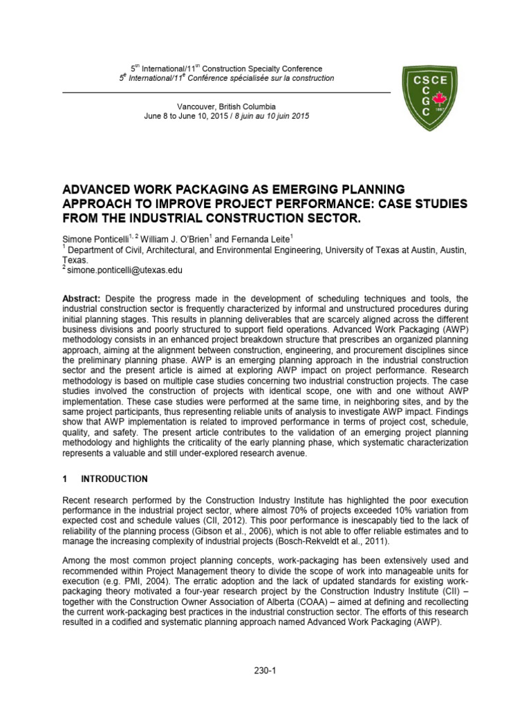 Ponticelli S Et Al ICSC15 230 Advanced Work Packaging | PDF ...