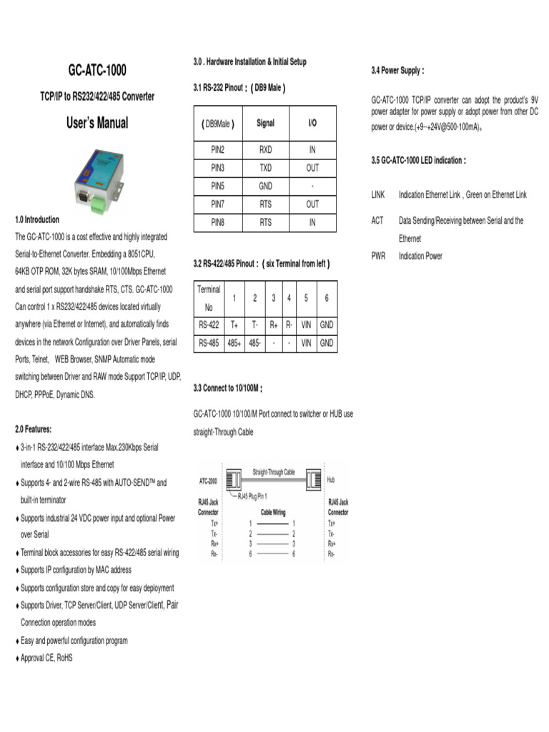 ATC-1000-UM_RS485 to Ethernet Converter | PDF