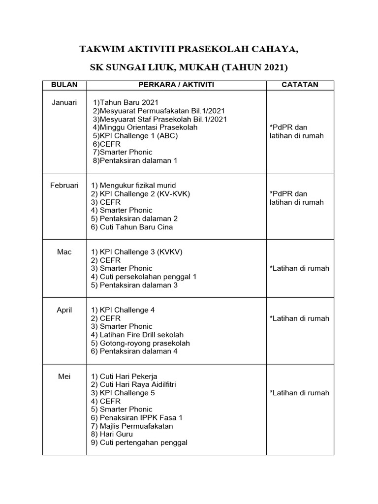 TAKWIM TAHUNAN AKTIVITI PRASEKOLAH 2022 | PDF