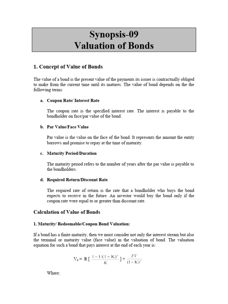 Synopsis - 09-Valuation of Bonds | PDF | Bonds (Finance) | Present Value