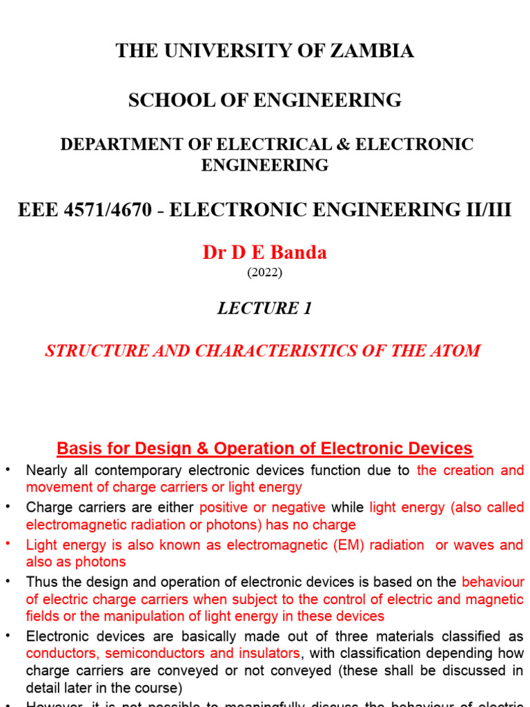 EEE 4571-4670 Lecture 1 - Structure of The Atom - DR DE Banda - 2022 ...