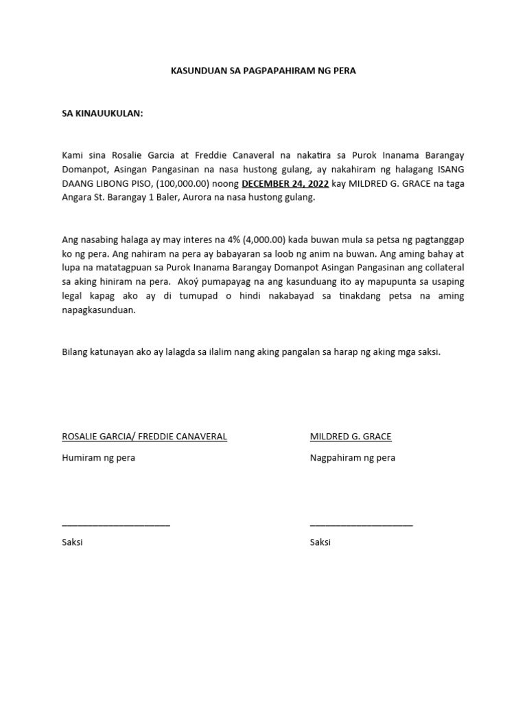 Kasunduan Sa Pagpapahiram Ng Pera | PDF