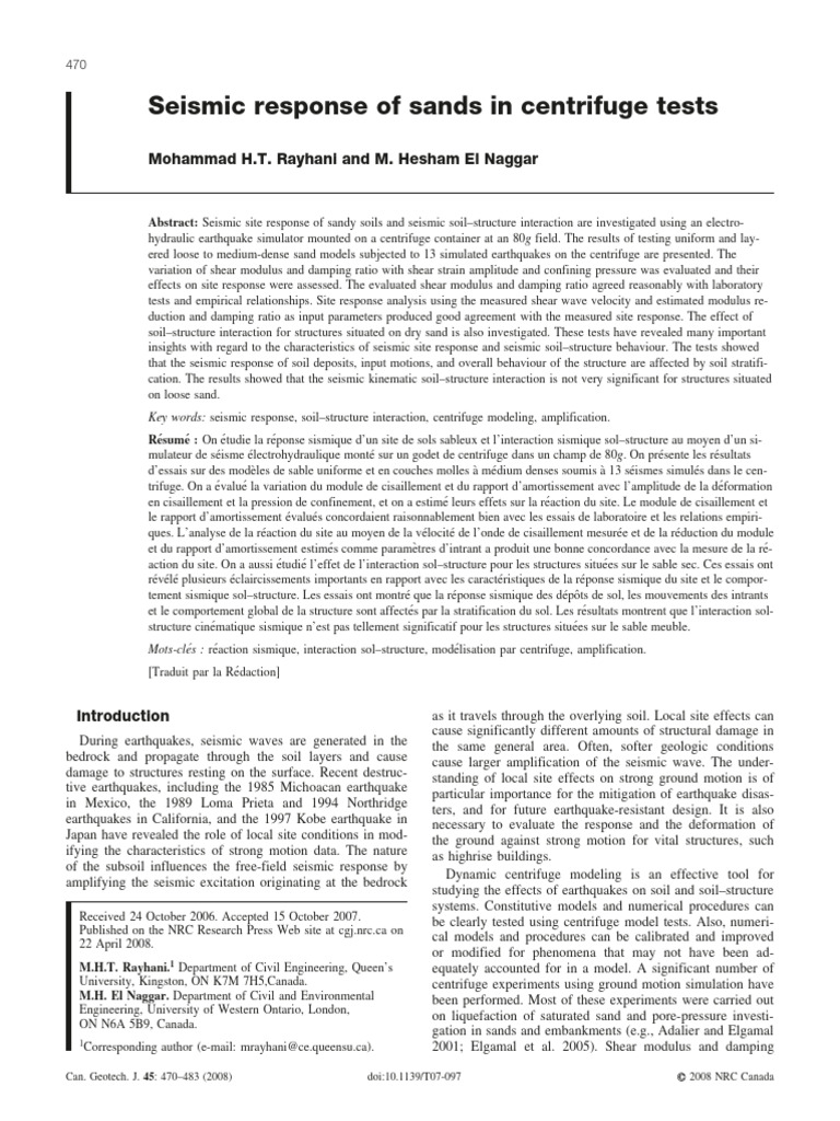 Rayhani El Naggar 2008 Seismic Response of Sands in Centrifuge Tests ...