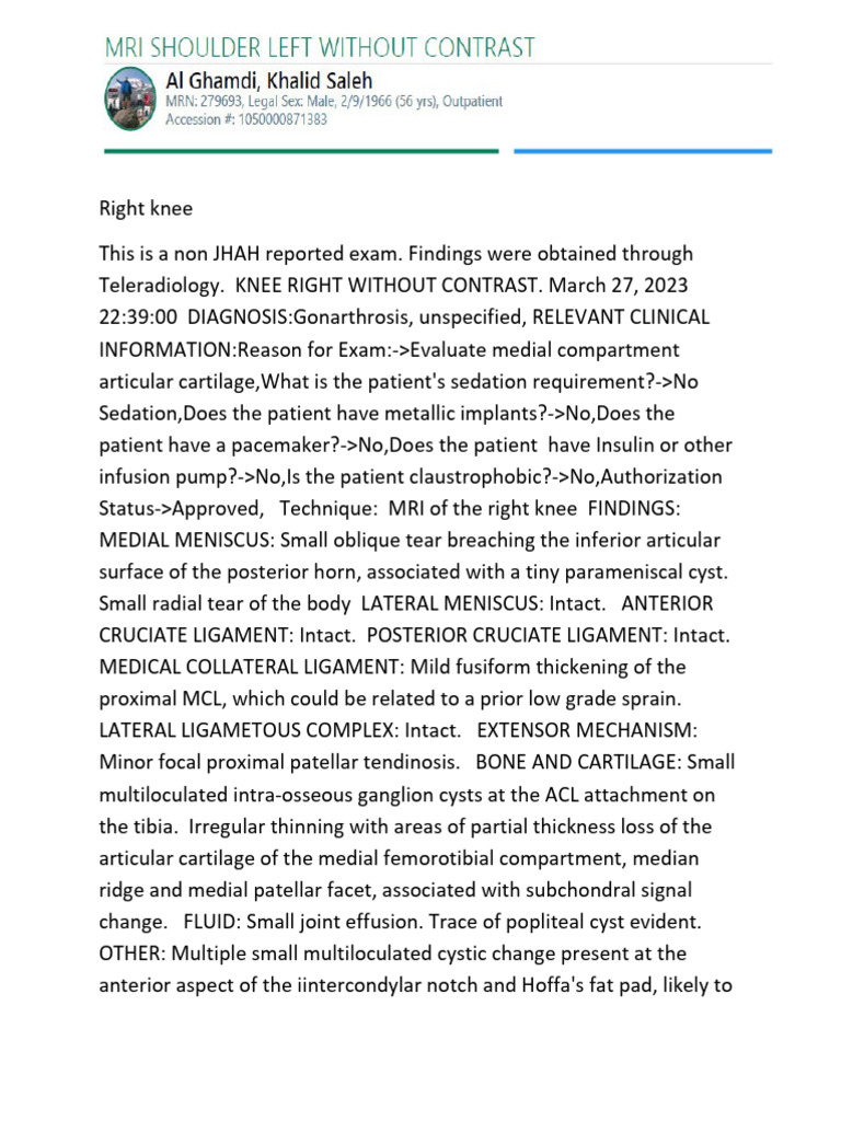 Medical Reports MR - Alghamdi Khalid Saleh - RIGHT & LEFT KNEE | PDF | Knee | Joints