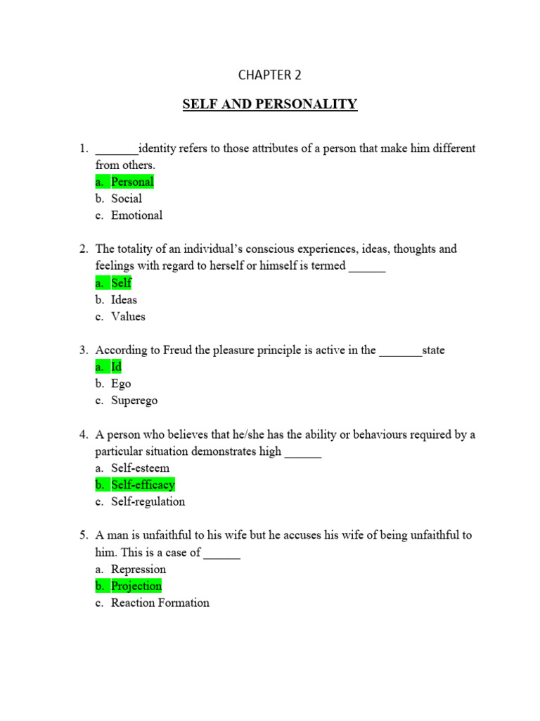 Class 12 MCQs on Self and Personality | PDF | Id | Social Psychology