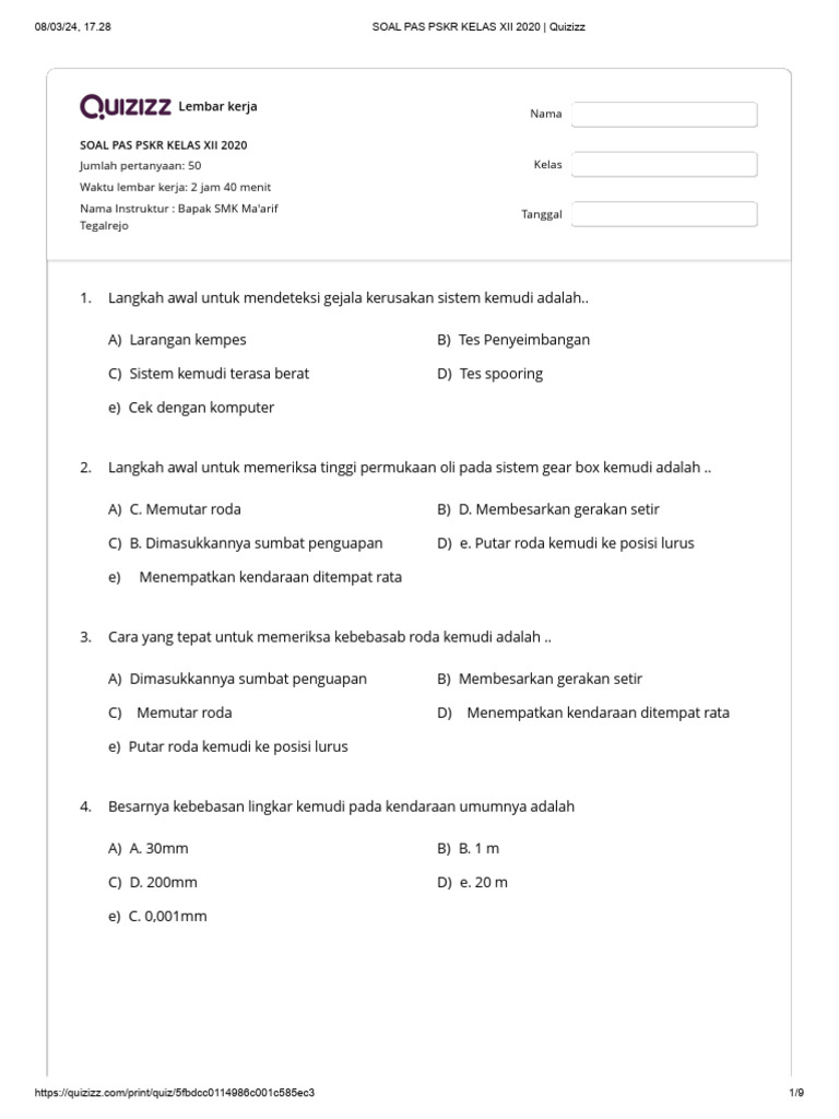 SOAL PAS PSKR KELAS XII 2020 - Quizizz | PDF
