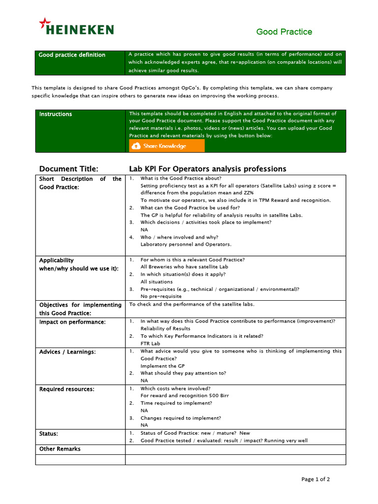 Good Practice Lab KPI For Operators Analysis Professions | PDF ...