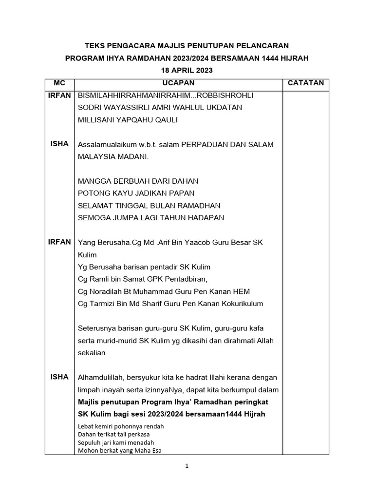 Teks MC Majlis Penutup Ihya Ramadhan 202324 | PDF
