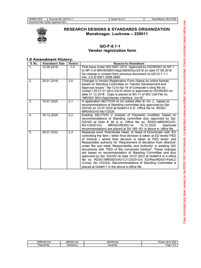 Vendor Registeration Form RDSO | PDF | Iso 9000