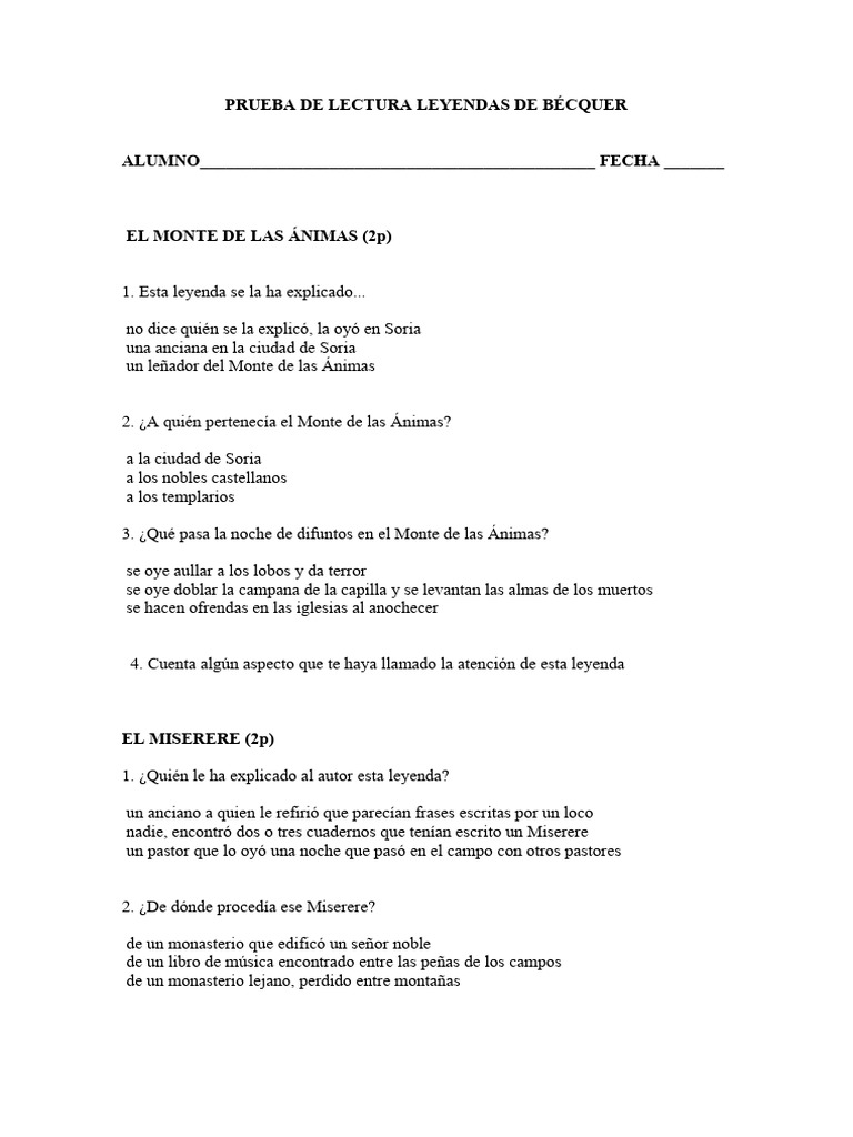 Preguntas Sobre Las Leyendas de Bécquer (Cuestionario) | PDF