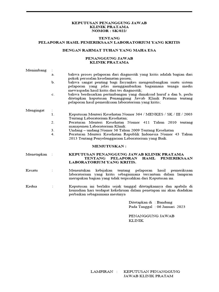 PKP 13.5.4 SK Pelaporan Hasil Laboratorium Kritis | PDF